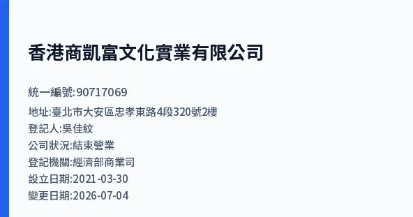 香港商凱富文化實業有限公司的照片-統編 90717069(臺北市) 公司登記資料與營業項目詳細圖表