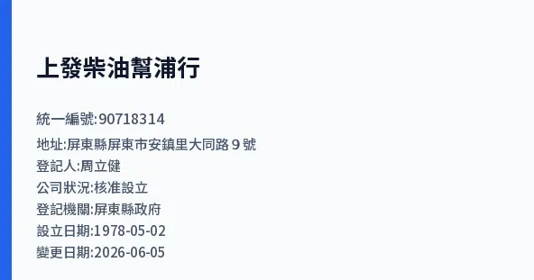 上發柴油幫浦行的照片-統編 90718314(屏東縣) 公司登記資料與營業項目詳細圖表
