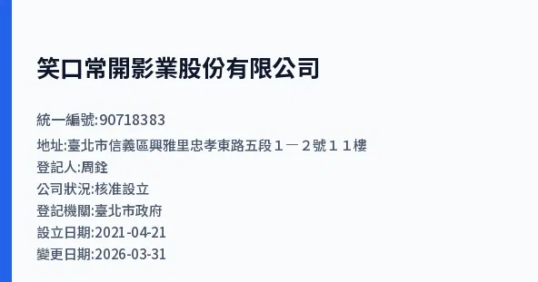笑口常開影業股份有限公司的照片-統編 90718383(臺北市) 公司登記資料與營業項目詳細圖表