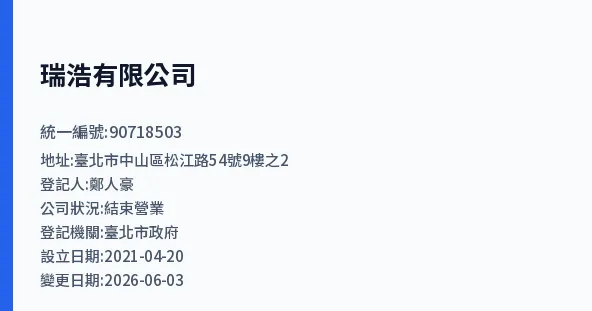 瑞浩有限公司的照片-統編 90718503(臺北市) 公司登記資料與營業項目詳細圖表
