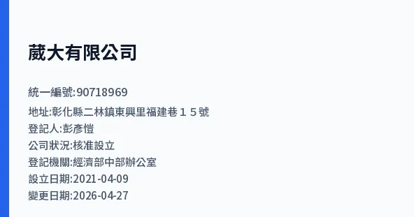 葳大有限公司的照片-統編 90718969(彰化縣) 公司登記資料與營業項目詳細圖表