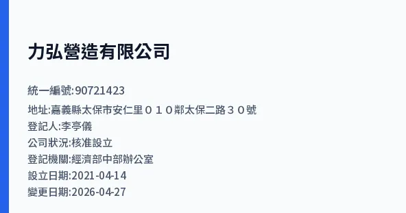 力弘營造有限公司的照片-統編 90721423(嘉義縣) 公司登記資料與營業項目詳細圖表