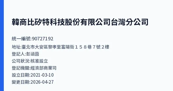 韓商比矽特科技股份有限公司台灣分公司的照片-統編 90727192(臺北市) 公司登記資料與營業項目詳細圖表