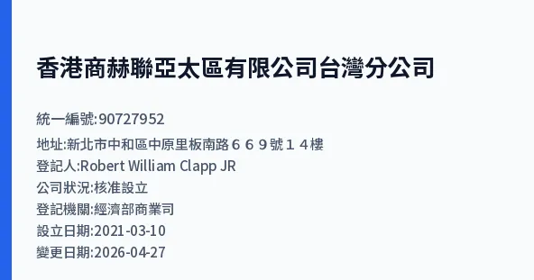 香港商赫聯亞太區有限公司台灣分公司的照片-統編 90727952(新北市) 公司登記資料與營業項目詳細圖表