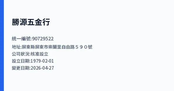 勝源五金行的照片-統編 90729522(屏東縣) 公司登記資料與營業項目詳細圖表