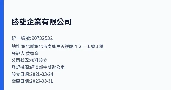 勝雄企業有限公司的照片-統編 90732532(彰化縣) 公司登記資料與營業項目詳細圖表
