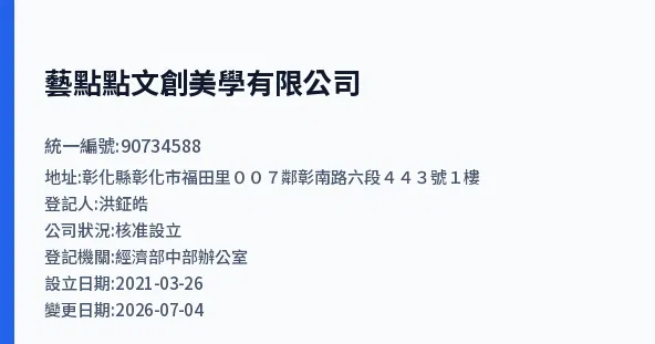 藝點點文創美學有限公司的照片-統編 90734588(彰化縣) 公司登記資料與營業項目詳細圖表