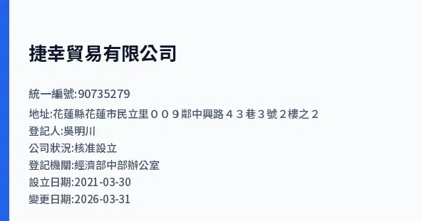 捷幸貿易有限公司的照片-統編 90735279(花蓮縣) 公司登記資料與營業項目詳細圖表