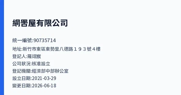網罟屋有限公司的照片-統編 90735714(新竹市) 公司登記資料與營業項目詳細圖表