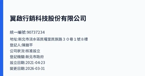 翼啟行銷科技股份有限公司的照片-統編 90737234(新北市) 公司登記資料與營業項目詳細圖表