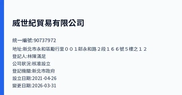 威世紀貿易有限公司的照片-統編 90737972(新北市) 公司登記資料與營業項目詳細圖表
