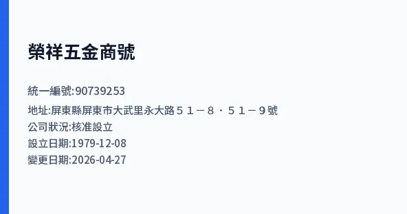 榮祥五金商號的照片-統編 90739253(屏東縣) 公司登記資料與營業項目詳細圖表