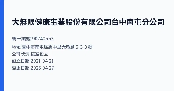 大無限健康事業股份有限公司台中南屯分公司的照片-統編 90740553(臺中市) 公司登記資料與營業項目詳細圖表