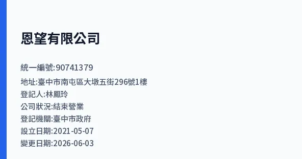 恩望有限公司的照片-統編 90741379(臺中市) 公司登記資料與營業項目詳細圖表