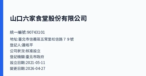 山口六家食堂股份有限公司的照片-統編 90743101(臺北市) 公司登記資料與營業項目詳細圖表