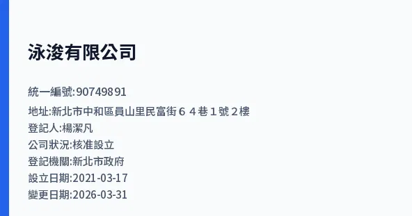 泳浚有限公司的照片-統編 90749891(新北市) 公司登記資料與營業項目詳細圖表