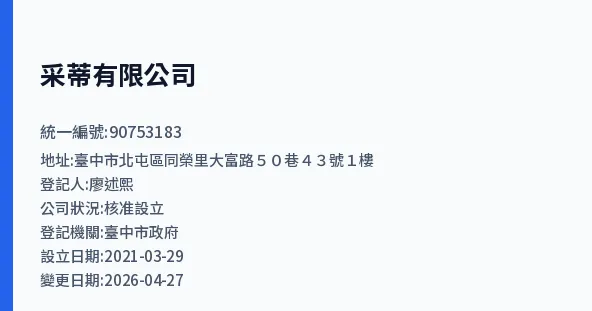 采蒂有限公司的照片-統編 90753183(臺中市) 公司登記資料與營業項目詳細圖表