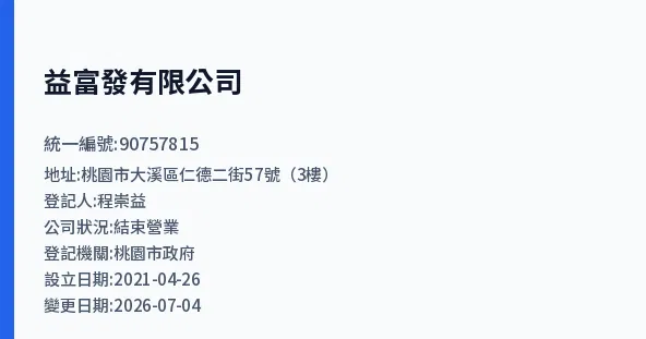 益富發有限公司的照片-統編 90757815(桃園市) 公司登記資料與營業項目詳細圖表