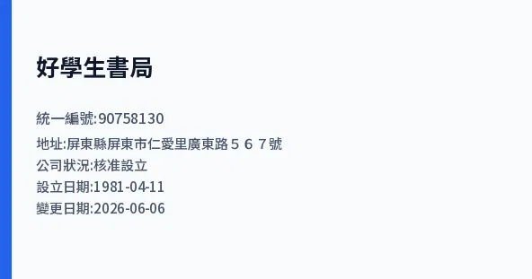 好學生書局的照片-統編 90758130(屏東縣) 公司登記資料與營業項目詳細圖表