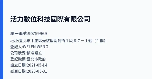 活力數位科技國際有限公司的照片-統編 90759969(臺北市) 公司登記資料與營業項目詳細圖表