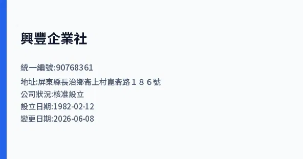 興豐企業社的照片-統編 90768361(屏東縣) 公司登記資料與營業項目詳細圖表
