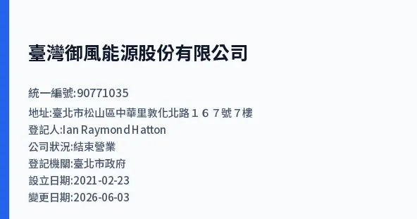 臺灣御風能源股份有限公司的照片-統編 90771035(臺北市) 公司登記資料與營業項目詳細圖表