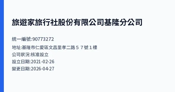 旅遊家旅行社股份有限公司基隆分公司的照片-統編 90773272(基隆市) 公司登記資料與營業項目詳細圖表