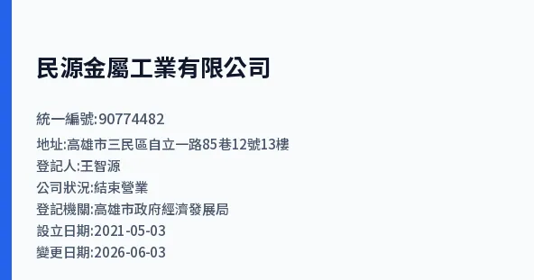 民源金屬工業有限公司的照片-統編 90774482(高雄市) 公司登記資料與營業項目詳細圖表