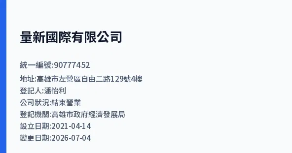 量新國際有限公司的照片-統編 90777452(高雄市) 公司登記資料與營業項目詳細圖表