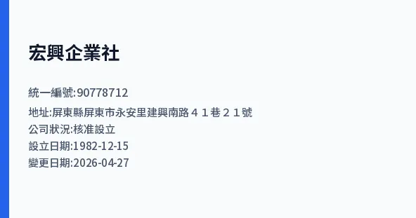 宏興企業社的照片-統編 90778712(屏東縣) 公司登記資料與營業項目詳細圖表