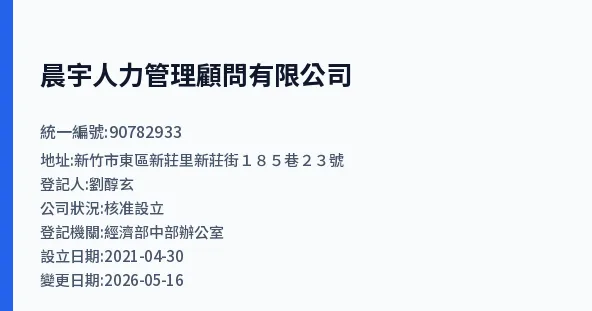 晨宇人力管理顧問有限公司的照片-統編 90782933(新竹市) 公司登記資料與營業項目詳細圖表