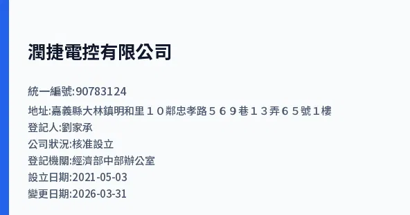潤捷電控有限公司的照片-統編 90783124(嘉義縣) 公司登記資料與營業項目詳細圖表