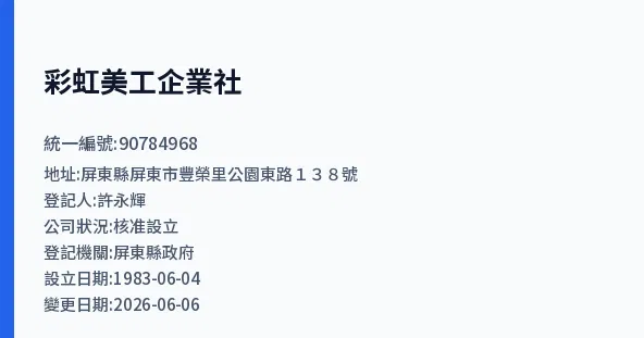 彩虹美工企業社的照片-統編 90784968(屏東縣) 公司登記資料與營業項目詳細圖表