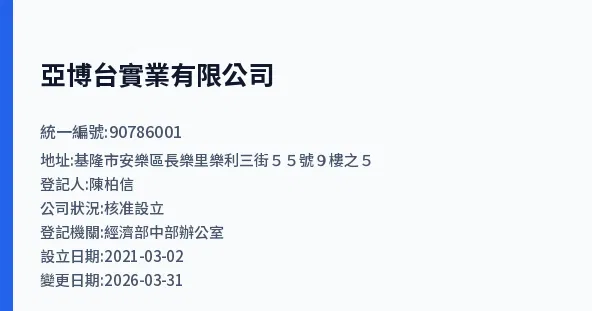 亞博台實業有限公司的照片-統編 90786001(基隆市) 公司登記資料與營業項目詳細圖表