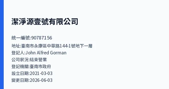潔淨源壹號有限公司的照片-統編 90787156(臺南市) 公司登記資料與營業項目詳細圖表