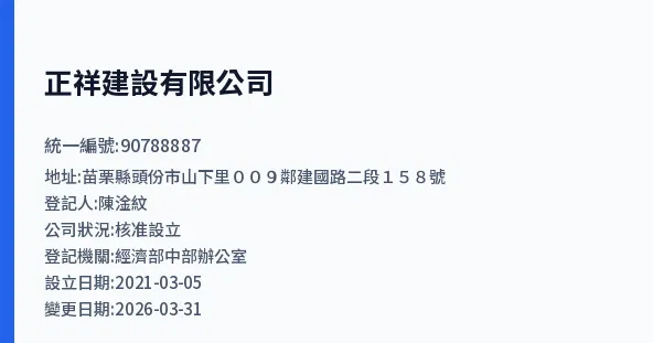 正祥建設有限公司的照片-統編 90788887(苗栗縣) 公司登記資料與營業項目詳細圖表