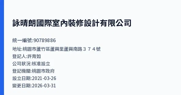 詠晴朗國際室內裝修設計有限公司的照片-統編 90789886(桃園市) 公司登記資料與營業項目詳細圖表