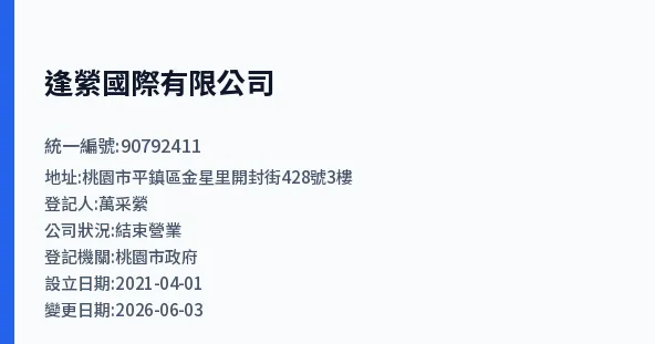 逢縈國際有限公司的照片-統編 90792411(桃園市) 公司登記資料與營業項目詳細圖表