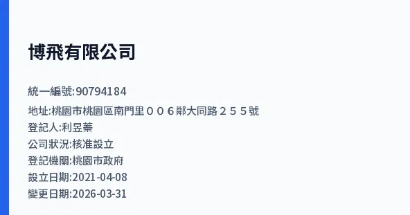 博飛有限公司的照片-統編 90794184(桃園市) 公司登記資料與營業項目詳細圖表