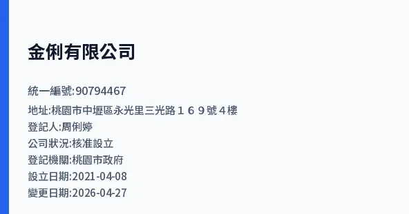 金俐有限公司的照片-統編 90794467(桃園市) 公司登記資料與營業項目詳細圖表