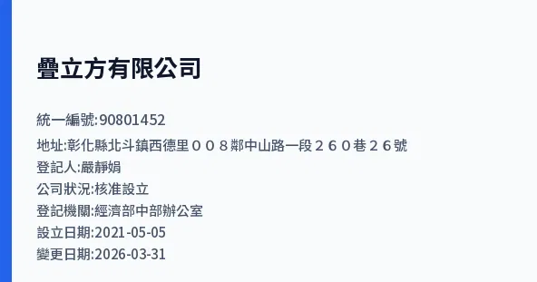 疊立方有限公司的照片-統編 90801452(彰化縣) 公司登記資料與營業項目詳細圖表