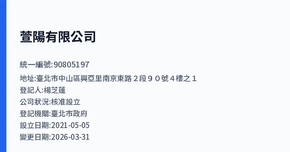 萱陽有限公司的照片-統編 90805197(臺北市) 公司登記資料與營業項目詳細圖表