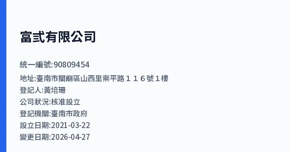 富弎有限公司的照片-統編 90809454(臺南市) 公司登記資料與營業項目詳細圖表