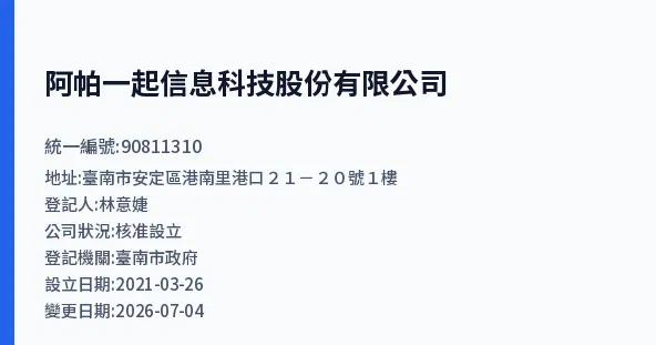 阿帕一起信息科技股份有限公司的照片-統編 90811310(臺南市) 公司登記資料與營業項目詳細圖表