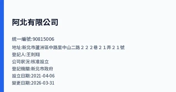 阿北有限公司的照片-統編 90815006(新北市) 公司登記資料與營業項目詳細圖表