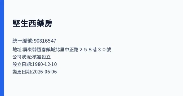 堅生西藥房的照片-統編 90816547(屏東縣) 公司登記資料與營業項目詳細圖表