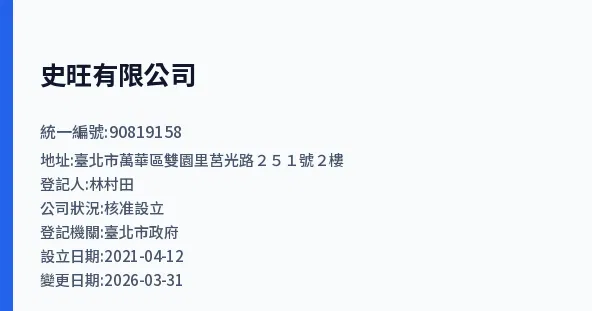 史旺有限公司的照片-統編 90819158(臺北市) 公司登記資料與營業項目詳細圖表