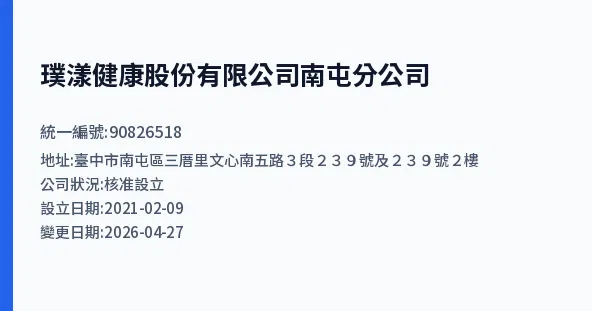 璞漾健康股份有限公司南屯分公司的照片-統編 90826518(臺中市) 公司登記資料與營業項目詳細圖表
