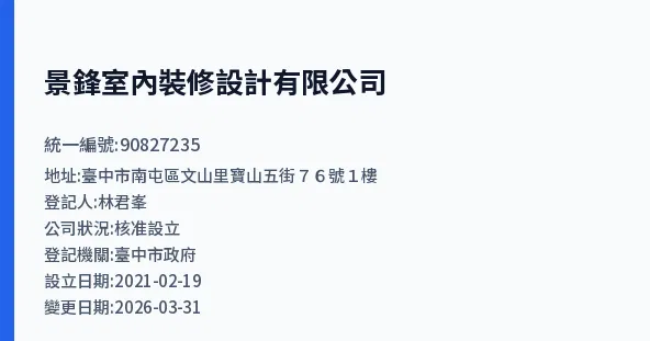 景鋒室內裝修設計有限公司的照片-統編 90827235(臺中市) 公司登記資料與營業項目詳細圖表