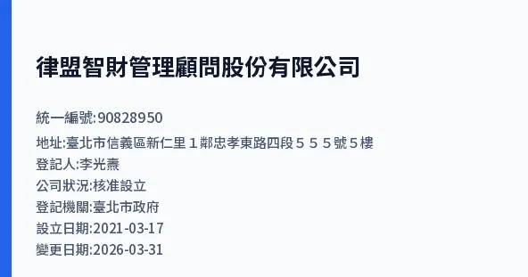 律盟智財管理顧問股份有限公司的照片-統編 90828950(臺北市) 公司登記資料與營業項目詳細圖表